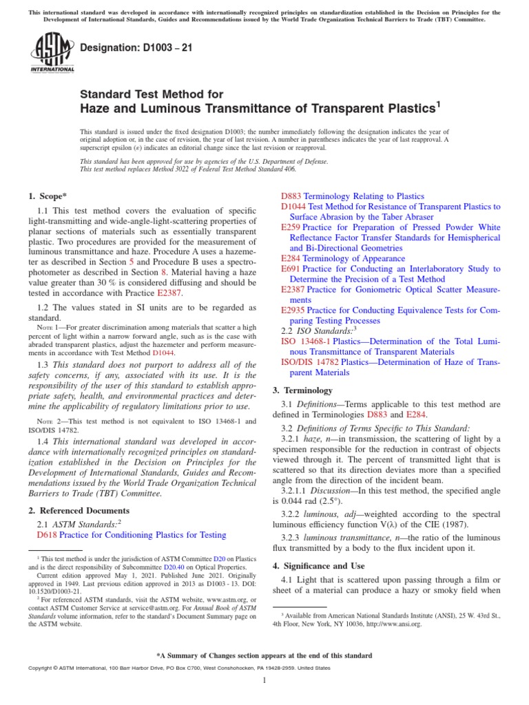 ASTM D-1003 Standard Test Method For Haze and Luminous Transmittance of ...