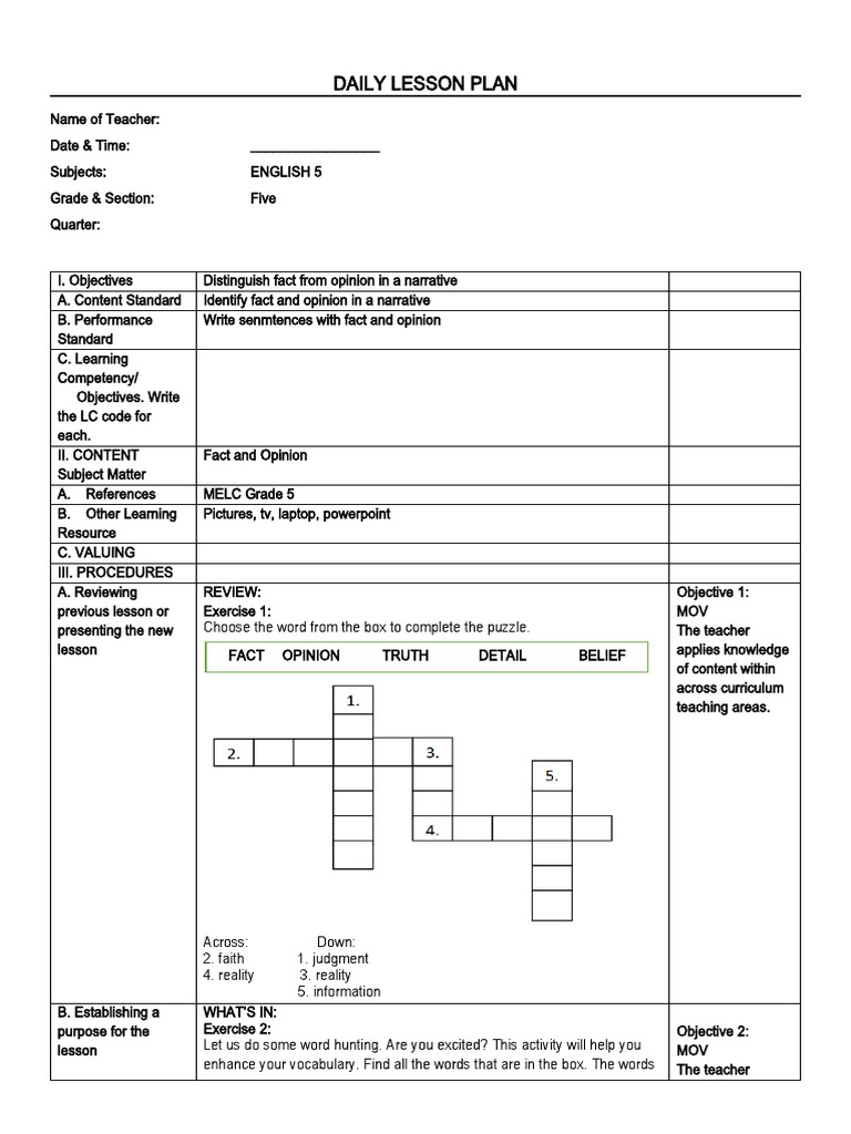 Grade 5 Fact and Opinion Lesson Plan | PDF | Learning | Teachers