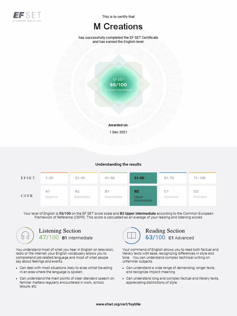 EF SET Certificate for M Creations | PDF | Career & Growth | Language ...