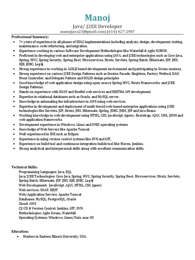 Manoj Java J2EE Resume | PDF | Spring Framework | Java (Programming ... Manoj Java J2EE Resume | PDF | Spring Framework | Java (Programming ...