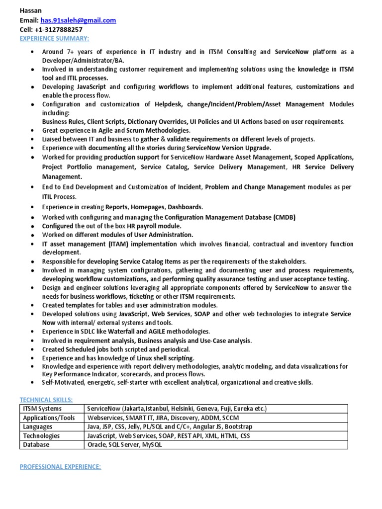 Hassan Service Now Resume | PDF | Web Service | Microsoft Windows