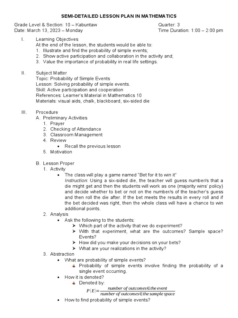 SEMI-DETAILED LESSON PLAN DAY 2 Week 4 | PDF | Probability | Lesson Plan