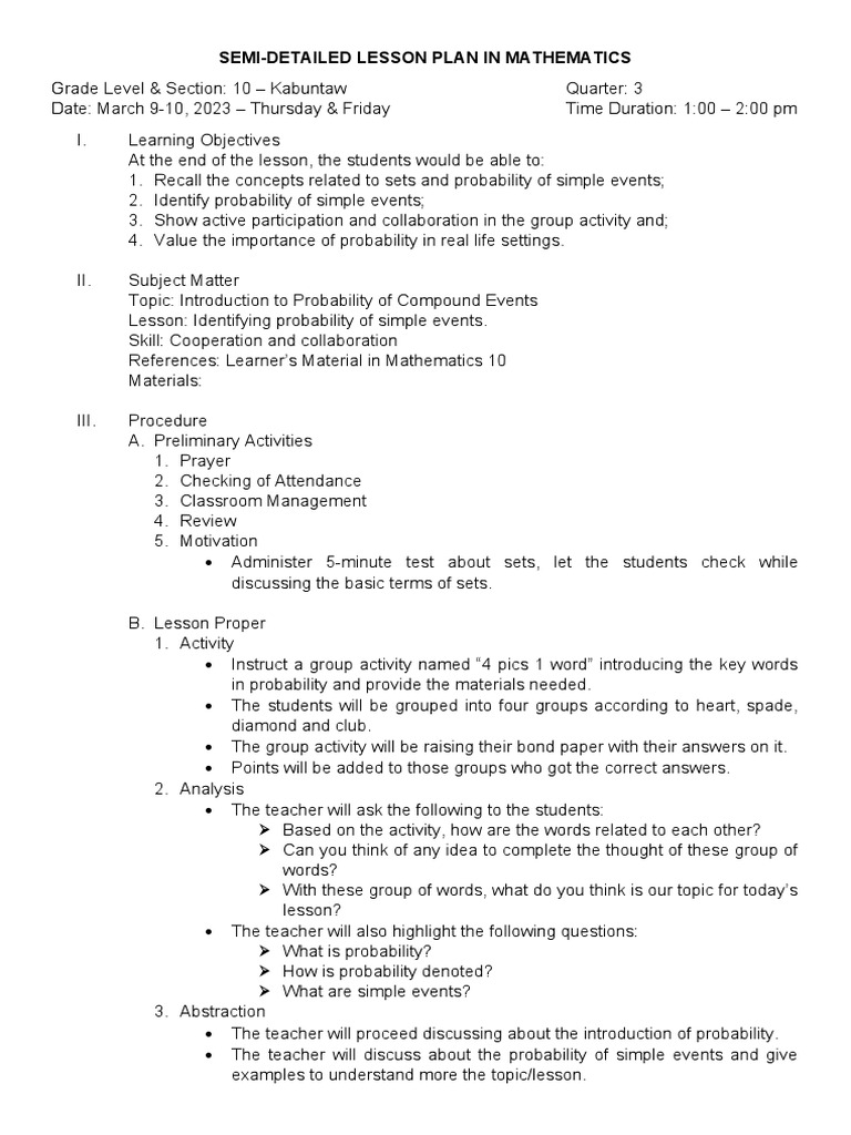 SEMI-DETAILED LESSON PLAN DAY 1 Week 4 | PDF | Lesson Plan | Pedagogy
