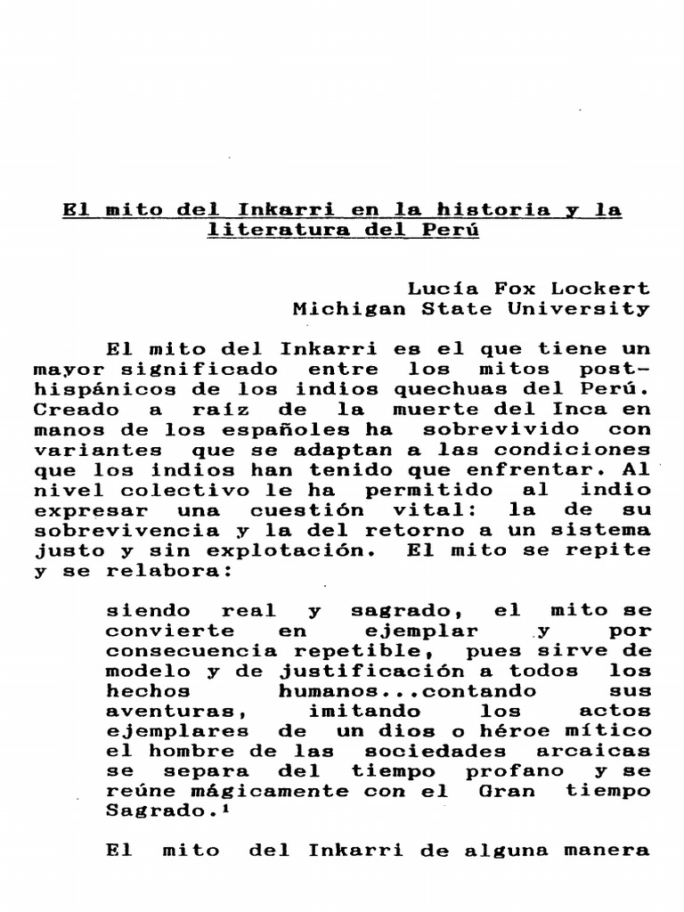 El Mito Del Inkarri en La Historia y La Literatura Del Perú - Lucía Fox ...