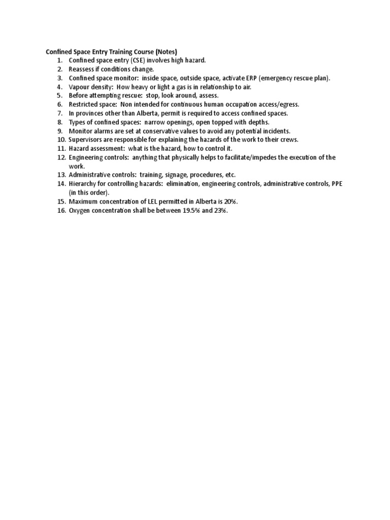 Confined Space Entry Training Course - Notes | PDF