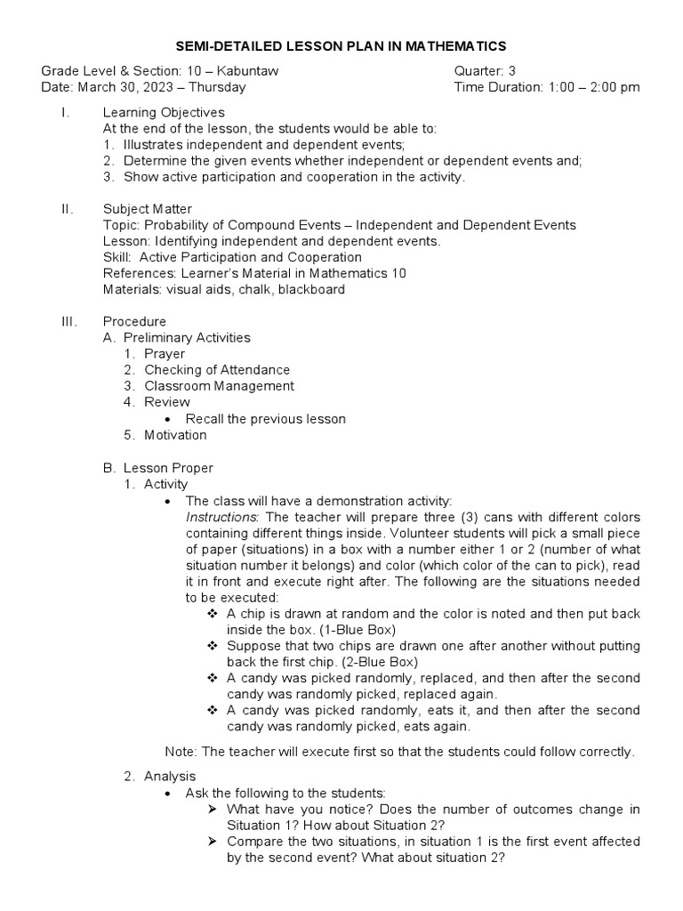 SEMI-DETAILED LESSON PLAN DAY 9 Week 4 | PDF | Lesson Plan | Probability