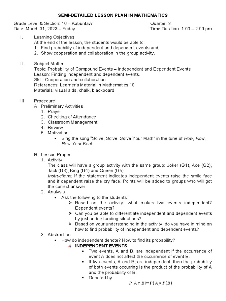SEMI-DETAILED LESSON PLAN DAY 10 Week 4 | PDF | Lesson Plan | Probability