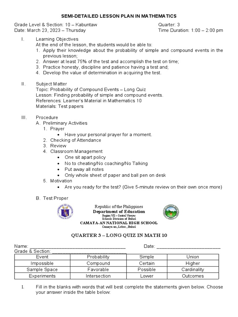 SEMI-DETAILED LESSON PLAN DAY 6 Week 4 (Long Quiz) | PDF | Probability | Lesson Plan