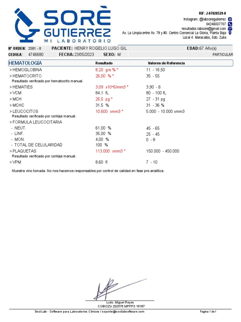 Orden 2581 Control 993 Resultados HENRY ROGELIO LUGO GIL | PDF | Pruebas medicas | Histología