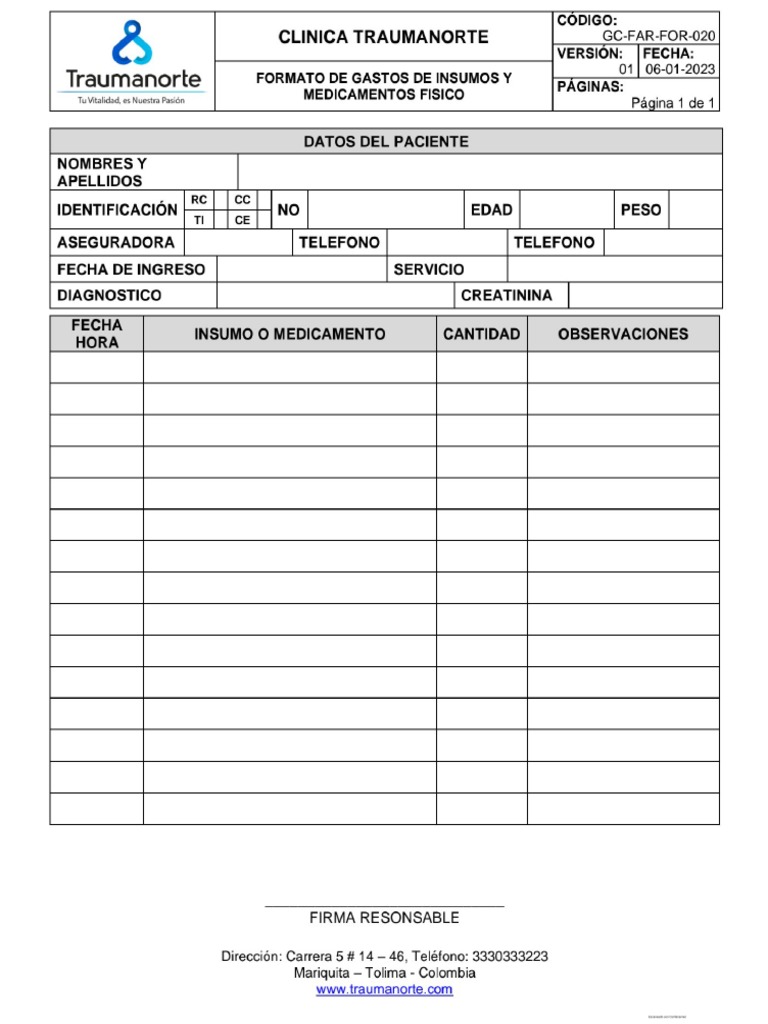 AD-FAR-FOR-020 FORMATO DE GASTOS DE INSUMOS Y MEDICAMENTOS FISICO(2) | PDF