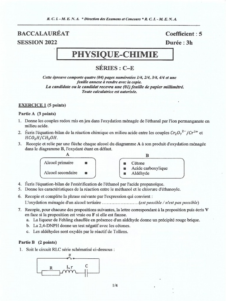 Epreuve Bac 2022 Physique Chimie Serie C e Cote D'ivoire | PDF