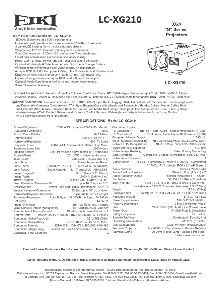 LC XG210 Specifications | PDF | Video | Display Resolution