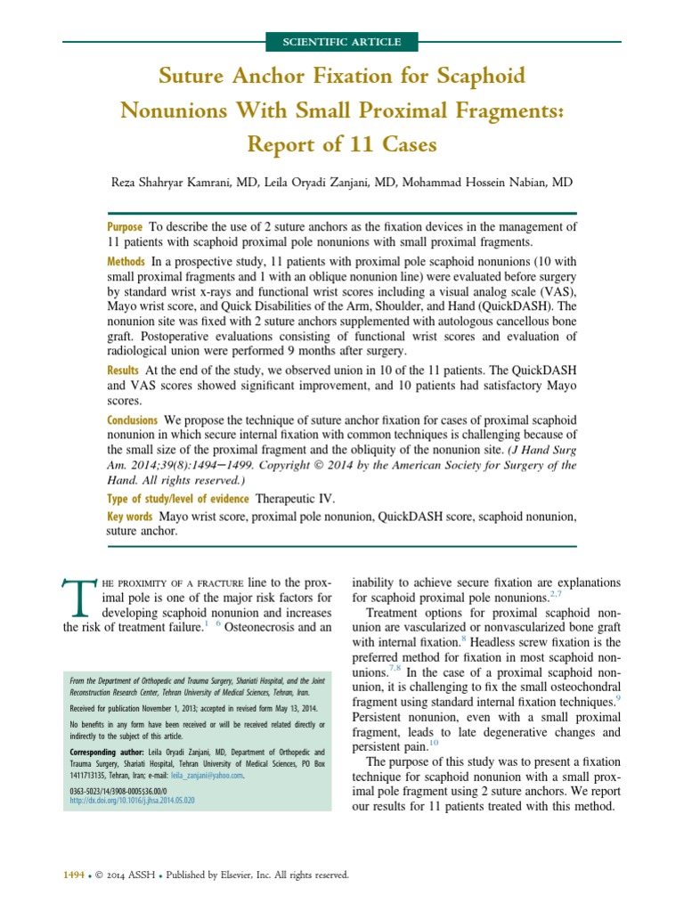 Suture Anchor Fixation For Scaphoid Nonunions With Small Proximal ...