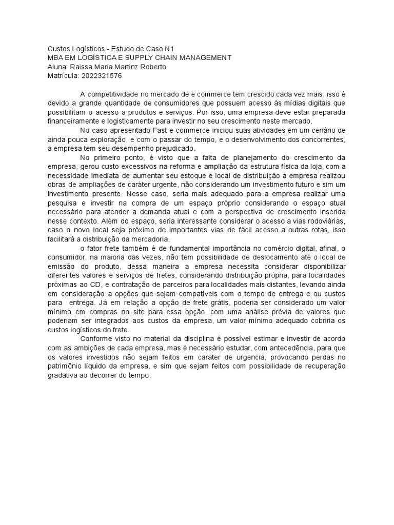 Custos Logísticos - N1 - Raissa Maria Martinz Roberto | PDF | E-commerce | Logística