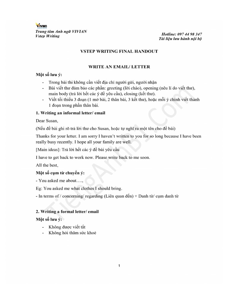 Vstep Writing Final Handout | PDF
