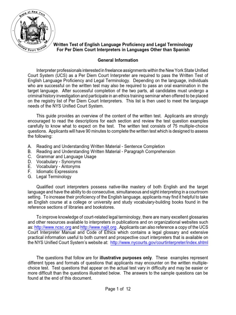 Interpreter Short Written Exam NY | PDF | Leasehold Estate | Language ...