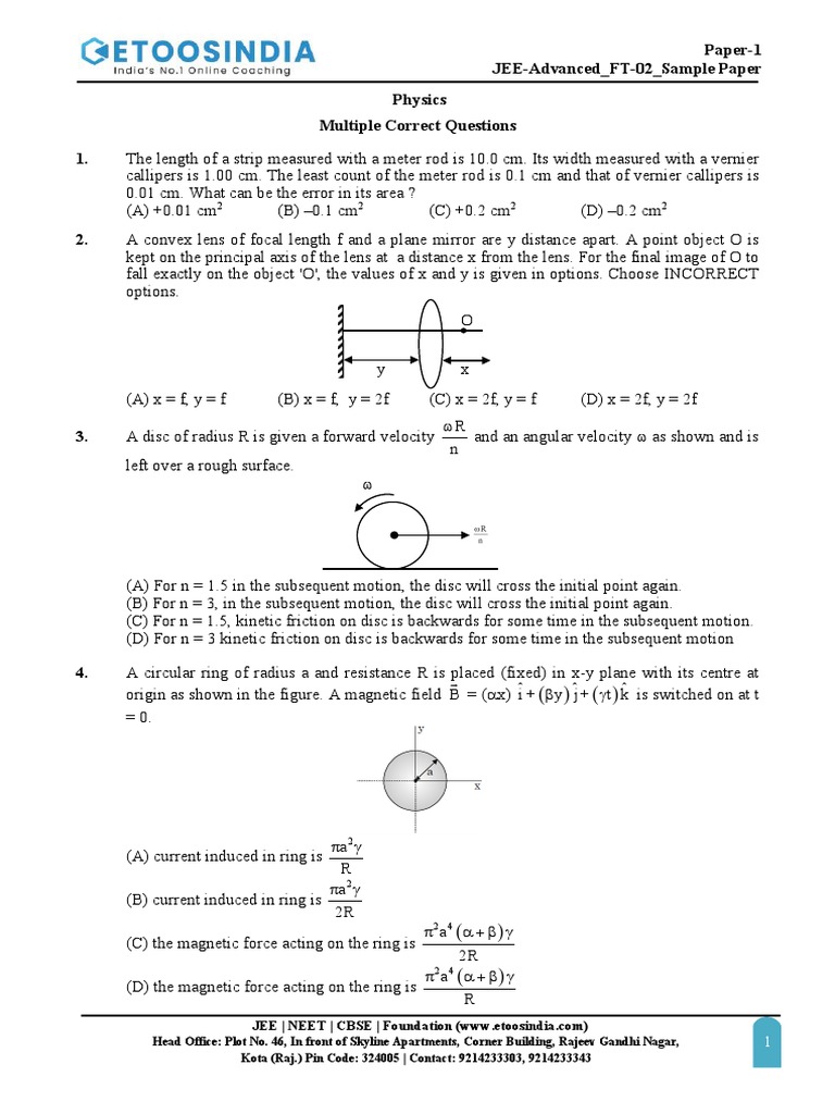 Multiple Correct Questions 1. Physics: Paper-1 JEE-Advanced - FT-02 - Sample Paper | PDF ...