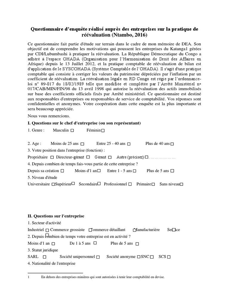 Questionnaire sur la réévaluation comptable | PDF | Comptabilité | Économie