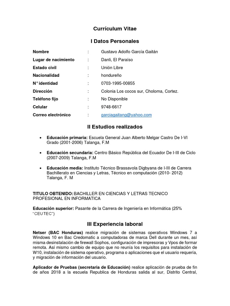 Currículum de Gustavo García Gaitán | PDF | Honduras | Windows 10