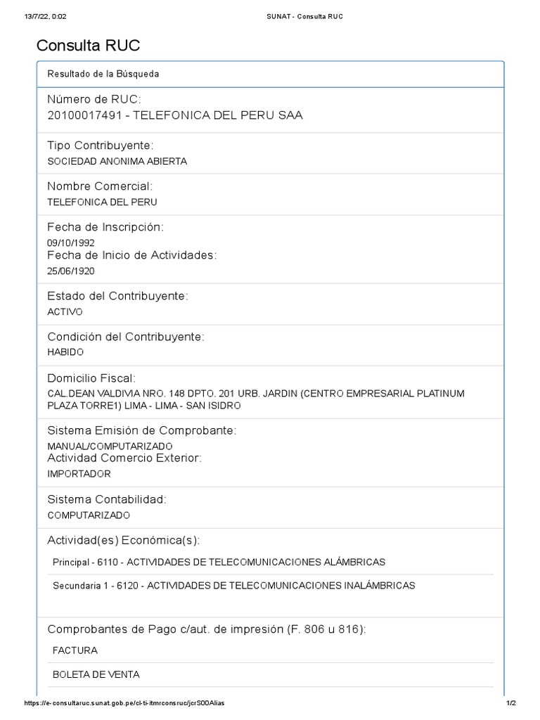 Sunat - Consulta Ruc-Telefónica | PDF