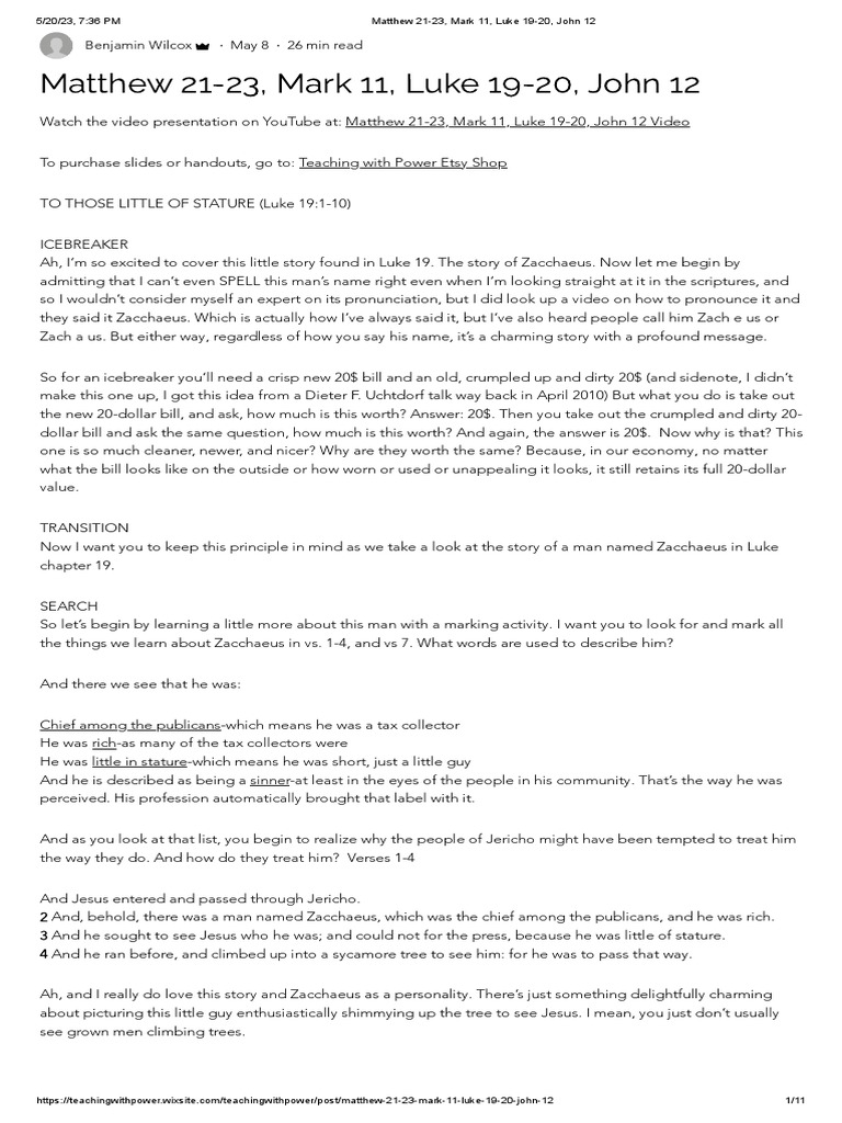 Matthew 21-23, Mark 11, Luke 19-20, John 12 | PDF | Jesus | Gospel Of Mark