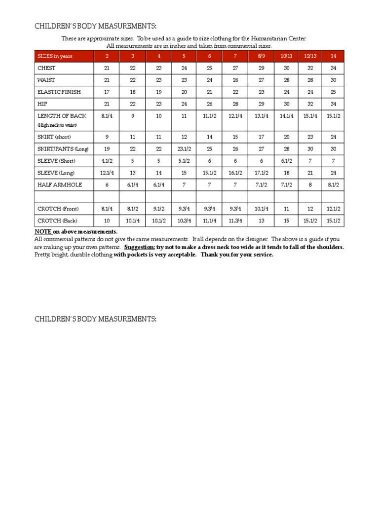 Childrens Measurements | PDF