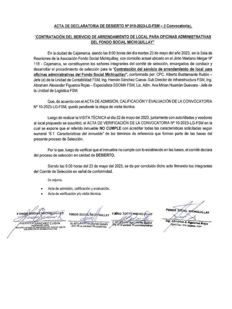 Acta de Declaratoria de Desierto-0010-2023 -LG-FSM -I Conv. | PDF