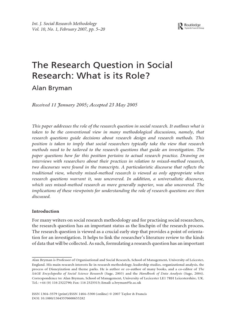 Bryman - The Research Question in Social Research What Is Its Role ...