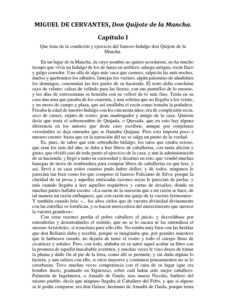 MIGUEL DE CERVANTES, Don Quijote de La Mancha. (Capítulo I - VII) | PDF ...