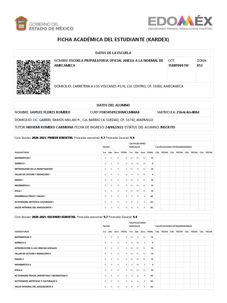 Ficha Académica Del Estudiante (Kardex) : Datos de La Escuela Amecameca ...