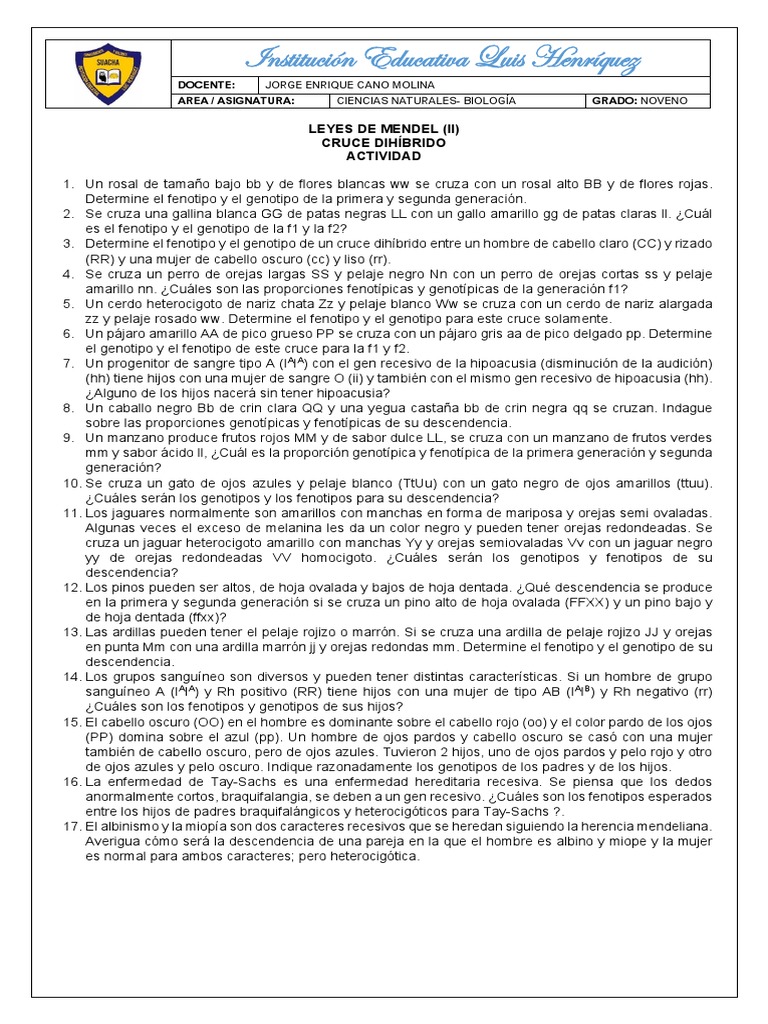 Taller 9 Cruce Dihíbrido | PDF | Dominancia (Genética) | Genotipo