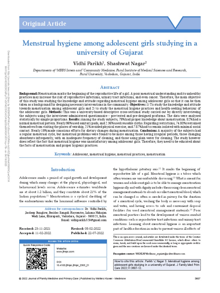 Menstrual Hygiene Among Adolescent Girls Studying 34 Pdf