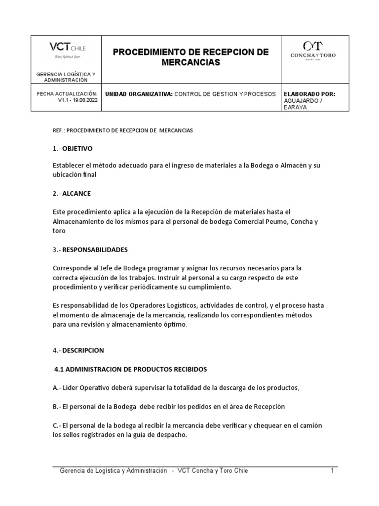 Procedimiento Recepción de Mercancías | PDF | Logística | Business