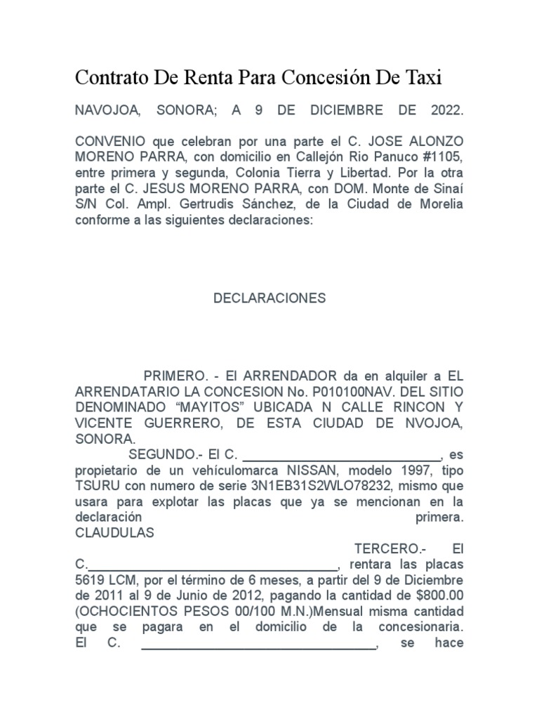 Contrato de Renta para Concesión de Taxi | PDF