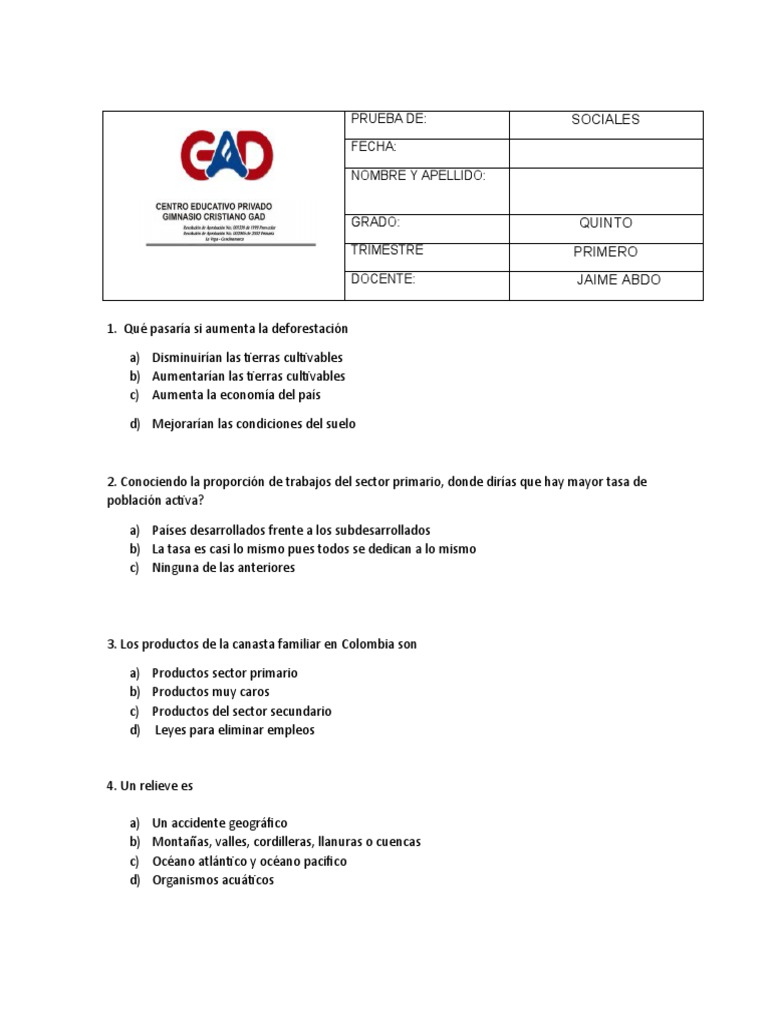 Evaluacion Grado Quinto Sociales | PDF | Colombia | Terreno