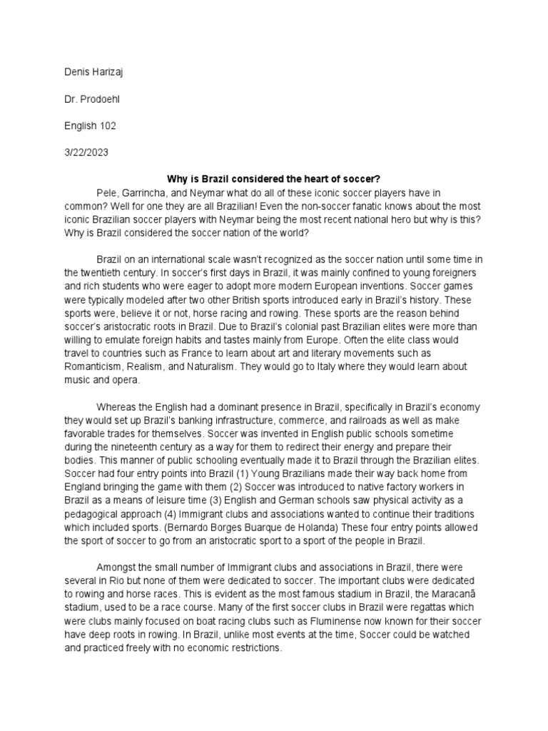 Soccer in Brazil Essay | PDF | Brazil | Fifa World Cup