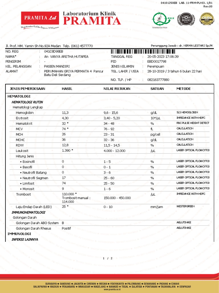 Jenis Pemeriksaan Hasil Nilai Rujukan Satuan Metode Hematologi | PDF