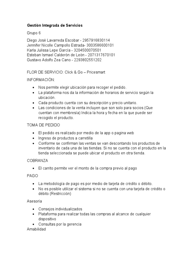 Gestión de Servicios Click & Go Pricesmart | PDF