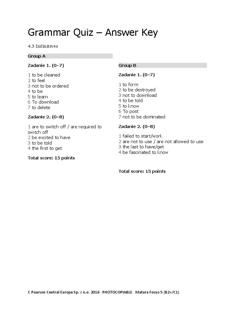 Grammar Quiz Unit 4 (4-3) Answer Key Groups A I B | PDF