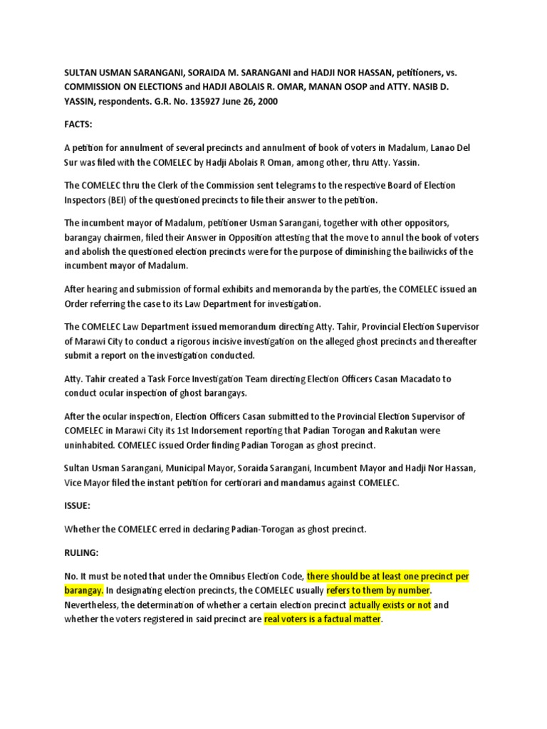 Sultan Usman Sarangani vs. COMELEC | PDF | Suffrage | Commission On ...