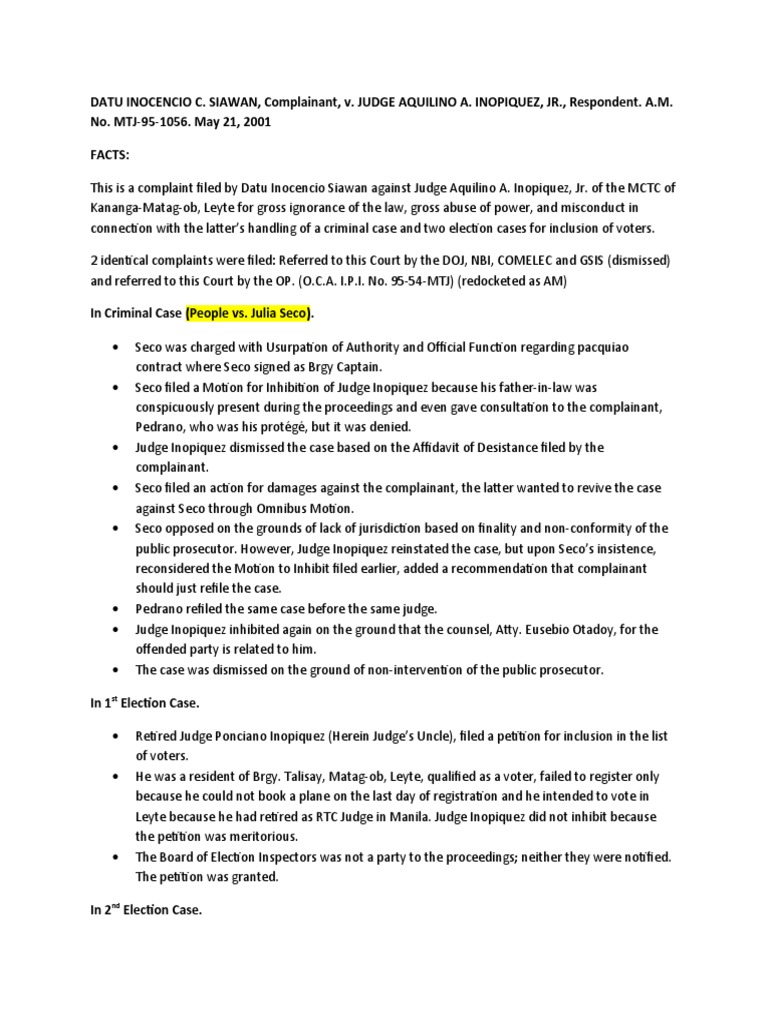 Datu Inocencio C. Siawan vs. Judge Aquilino A. Inopiquez Jr. | PDF ... Datu Inocencio C. Siawan vs. Judge Aquilino A. Inopiquez Jr. | PDF ...