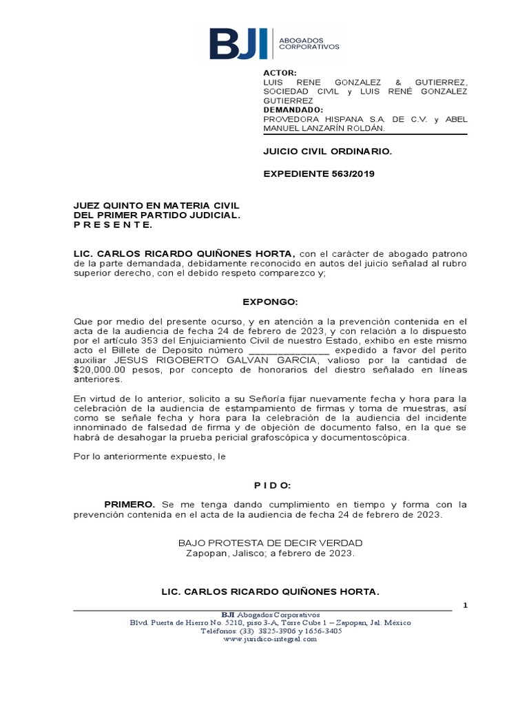 Escrito Exhibe Billete de Deposito Honorarios Perito | PDF | Gobierno ...