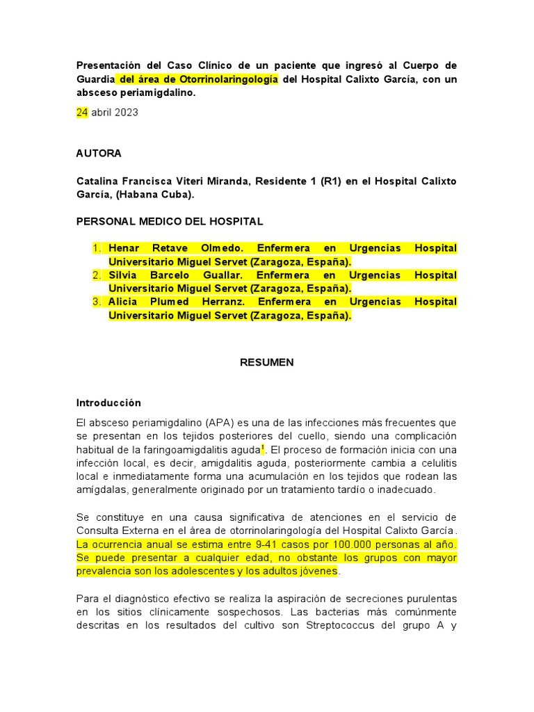 Caso Clinico Paciente Con Absceso Periamigdalino Kta | PDF | Hospital ...