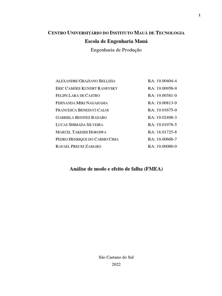 Documento Físico FMEA - Noturno 19h | PDF | Qualidade (negócios ...