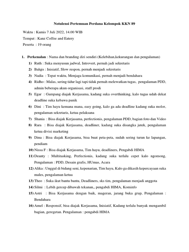Notulensi Pertemuan Perdana Kelompok KKN 89 | PDF