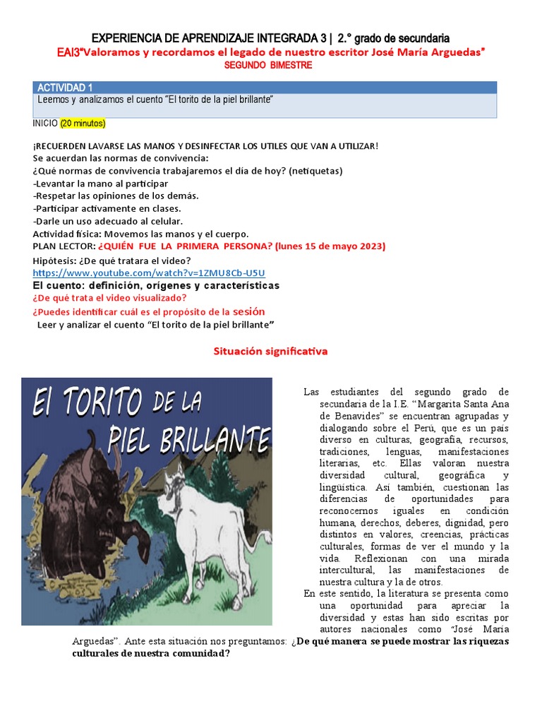 ACTIVIDAD 1 "Leemos y Analizamos El Cuento "El Torito de La Piel Brillante" | PDF | Cuentos | Vacas