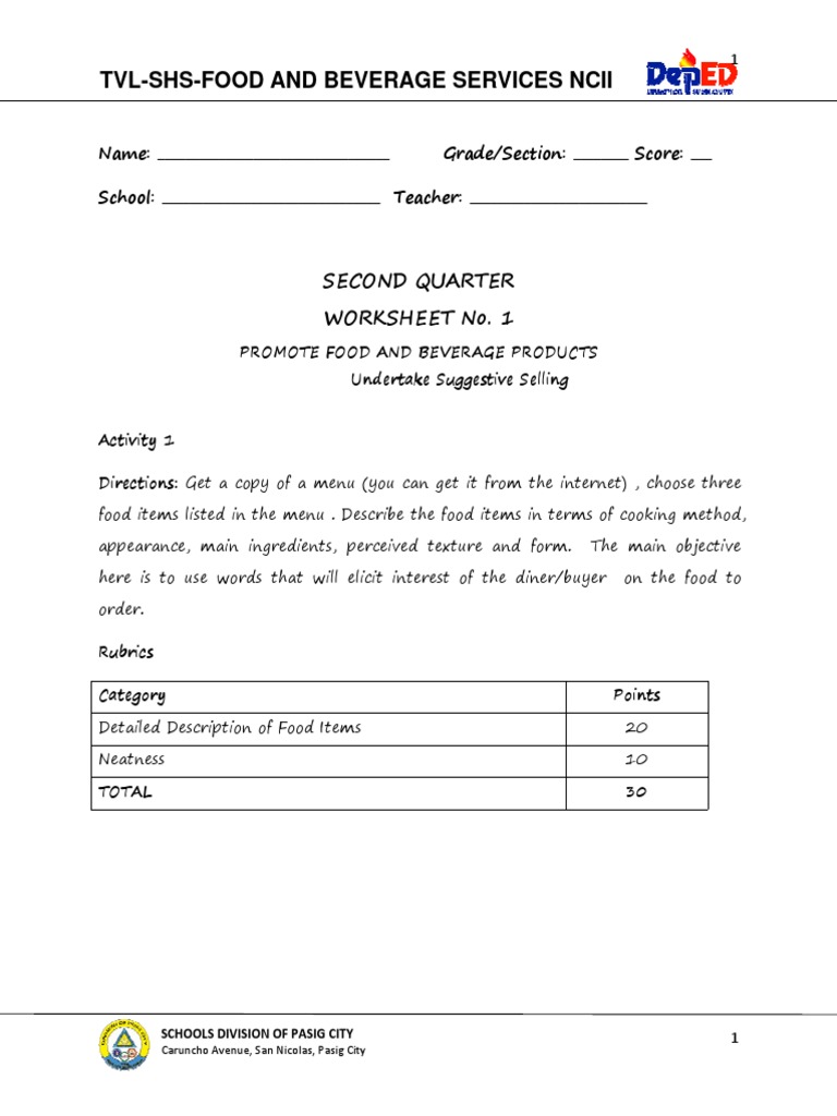 TVL - FBS - Q2 - DW1 | PDF | Menu | Food And Drink