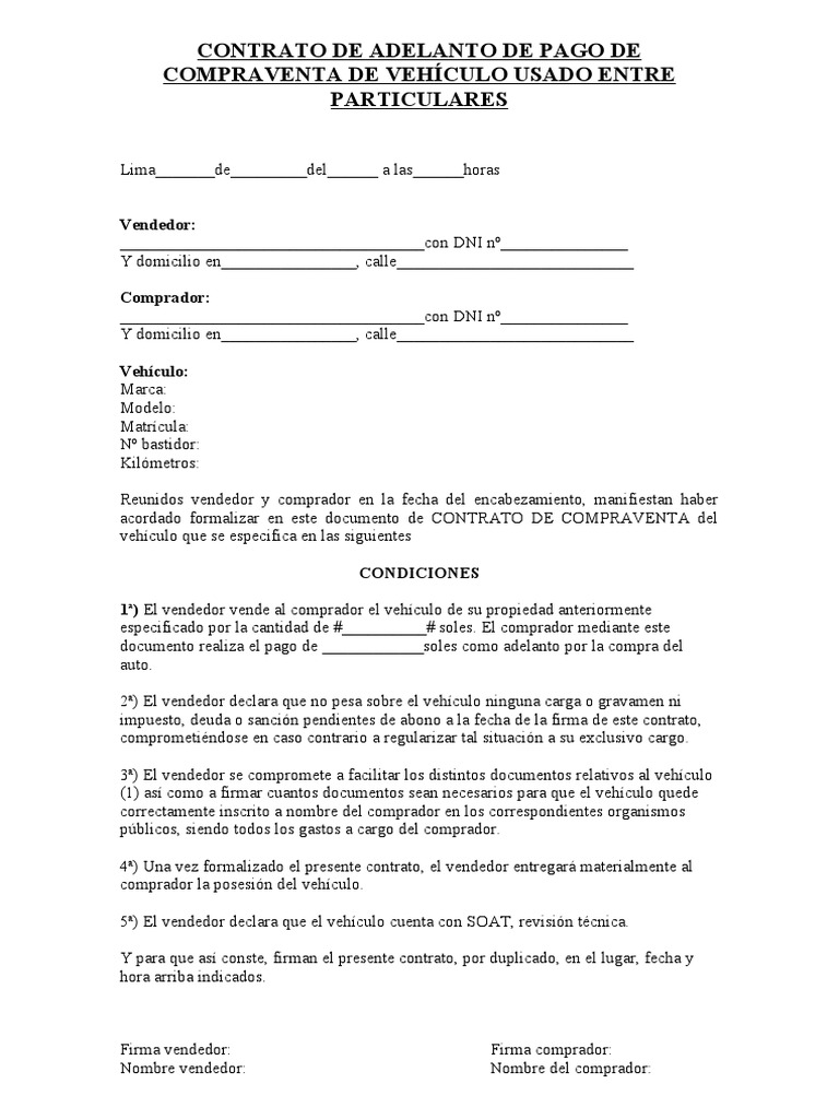 Contrato de Compraventa de Vehículo Usado Entre Particulares | PDF