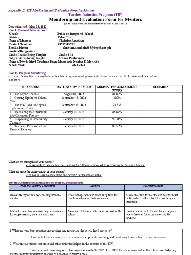 Mentoring and Evaluation Form | PDF | Mentorship | Teachers