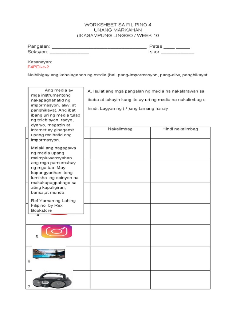Week 10 Worksheet Sa Fil 4 Kahalagahan NG Media | PDF